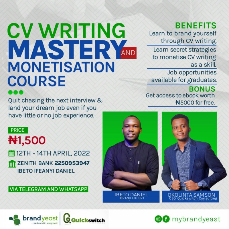 Buy CV WRITING MASTERY COURSE by Brand Yeast on Selar