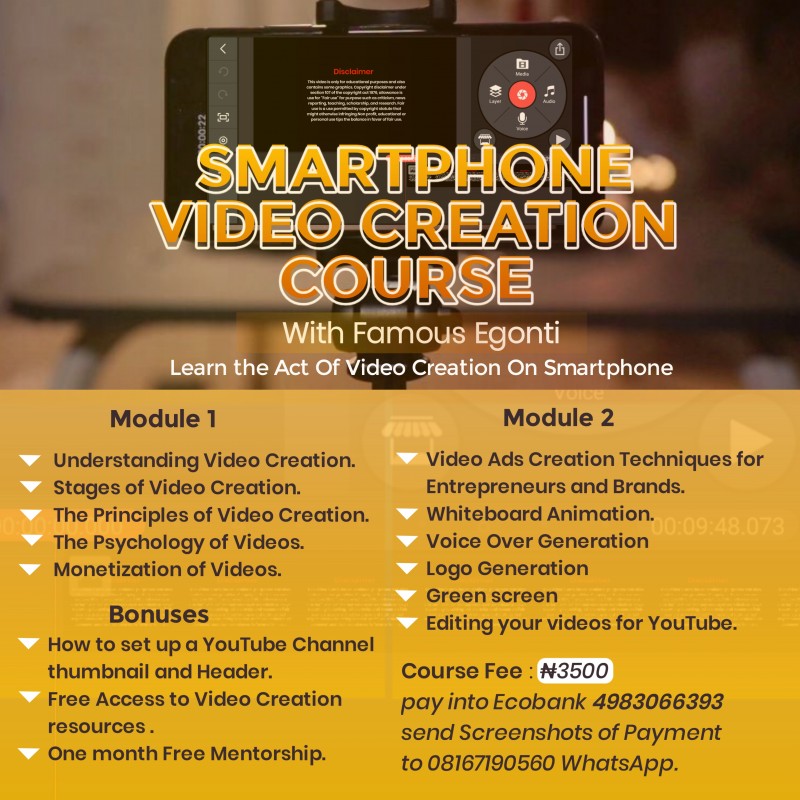Buy SMARTPHONE VIDEO CREATION COURSE by Famous Egonti on Selar