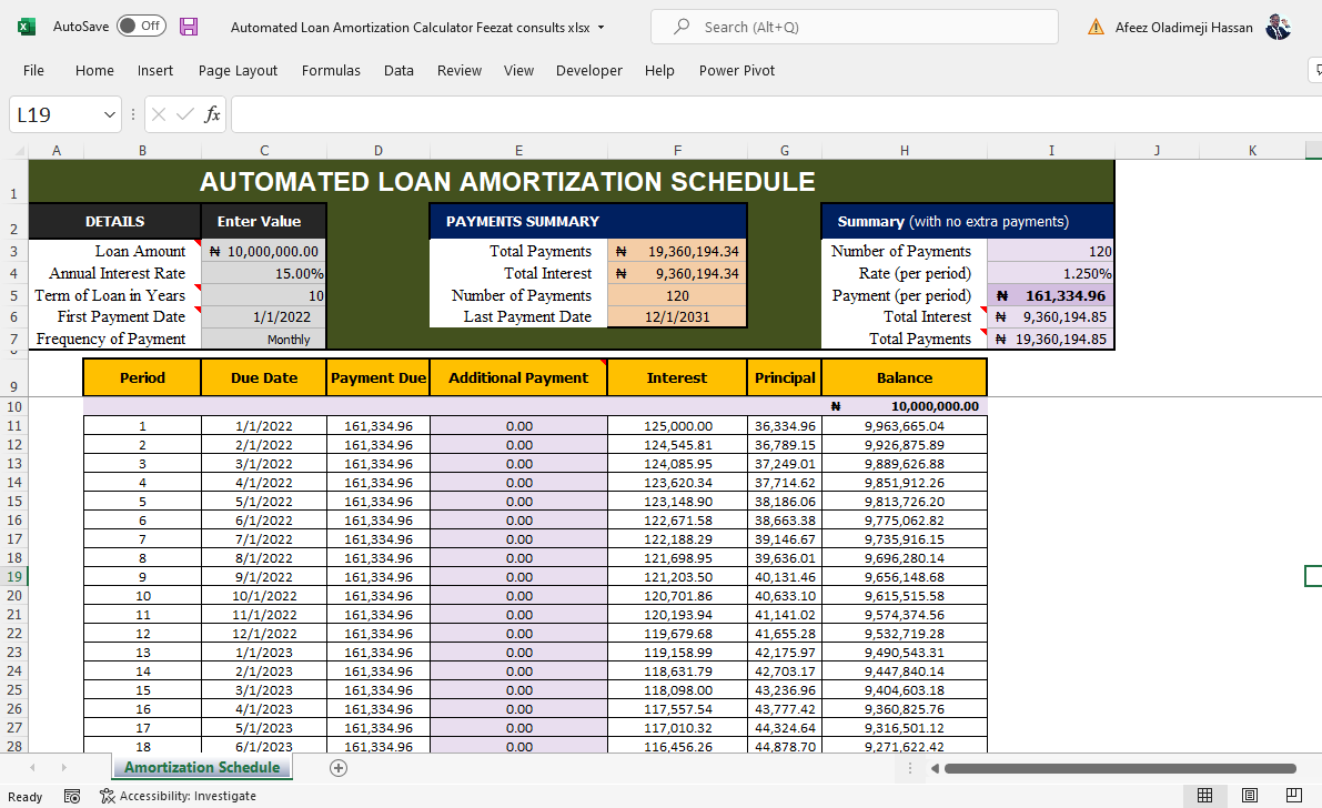 Buy Automated Loan Amortization Schedule by Feezat Consults on Selar