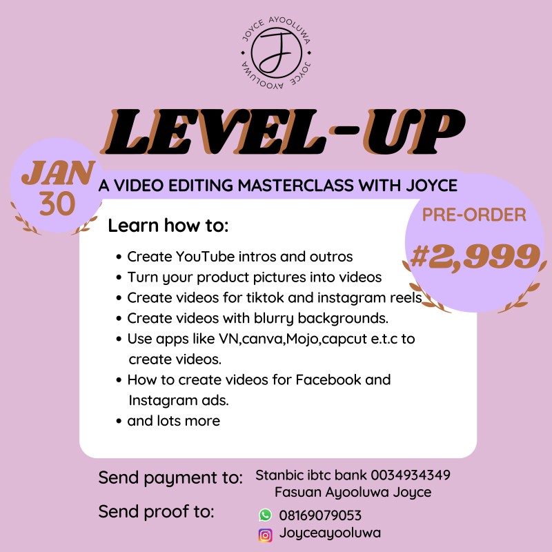 Buy LEVEL-UP (video editing masterclass) by Fasuan Ayooluwa Joyce on Selar