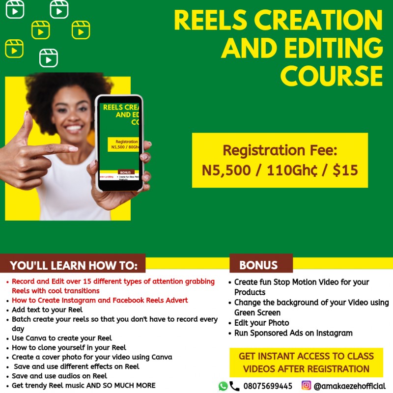 Buy Reels Creation and Editing Course by Amaka Ezeabikwa on Selar