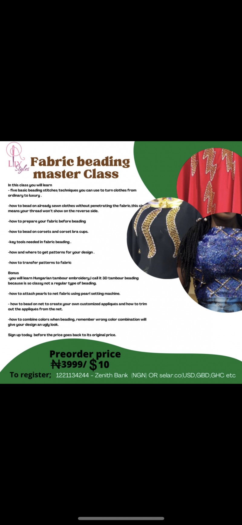 Buy Fabric Beading Class by Lilystyles on Selar