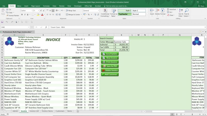 Buy Professional Multi Page Invoice in MS Excel by Oluwadamilare Alani ...