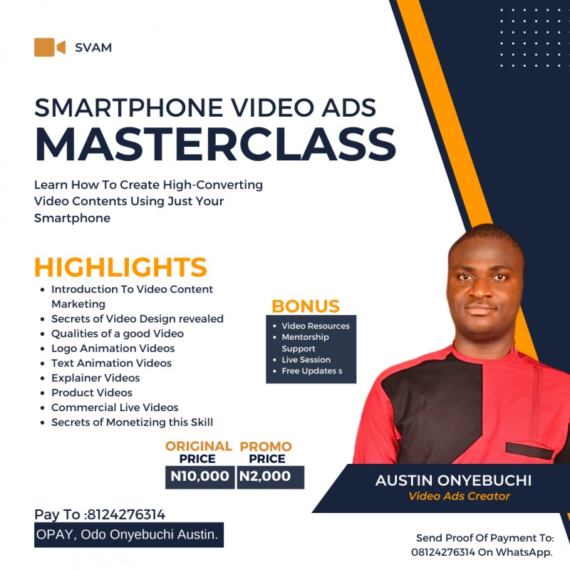 Buy SMARTPHONE VIDEO ADS MASTERCLASS (SVAM) by Austin Onyebuchi on Selar