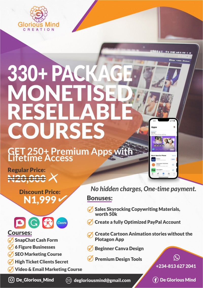 Buy 330+ Resalable Courses and 250+ Premium Apps by De Glorious Digital on Selar