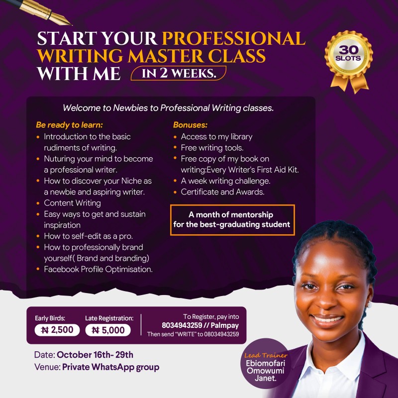 Buy START YOUR WRITING MASTERCLASS WITH ME IN 2-WEEKS by Ebiomofari ...