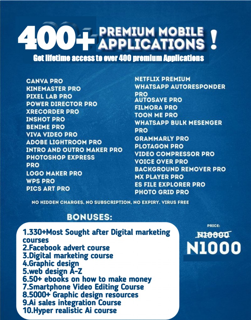 Buy 400+ Premium Apps and 10 Bonuses by DIGITAL MARKETING COURSES on Selar