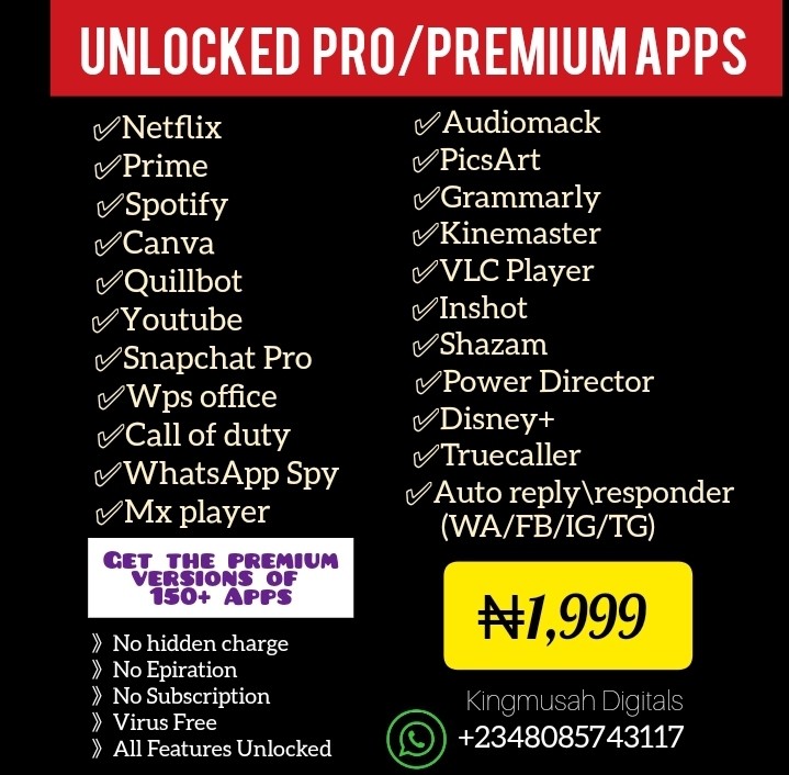 Buy Unlocked Pro/Premium Apps by Kingmusah Digitals on Selar