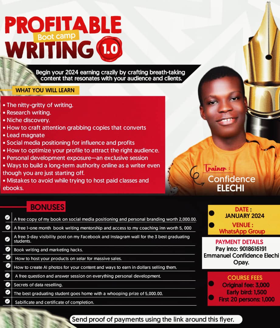 Buy PROFITABLE WRITING BOOTCAMP by Confidence Chidera Elechi. on Selar