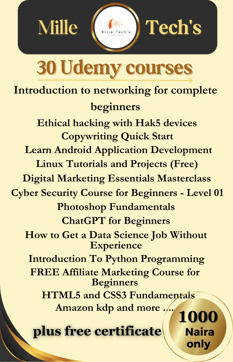 Buy Top 30 Udemy courses by Mille Tech's on Selar