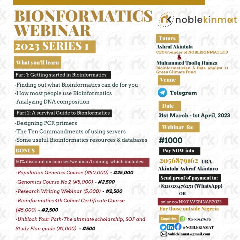 Buy BIOINFORMATICS WEBINAR (2023 SERIES 1) by Noblekinmat Ltd on Selar