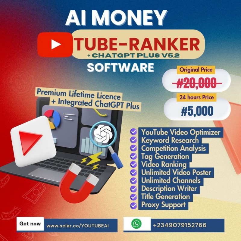 Buy AI-Money TubeRanker + ChatGPT Plus v5.2 by Diggitech SK on Selar