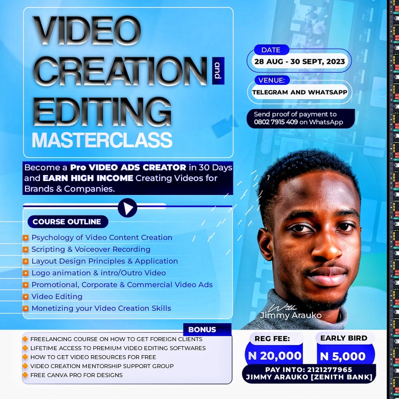 Buy Video Creation and Editing MASTERCLASS by Jimmy Arauko Chinyere on Selar