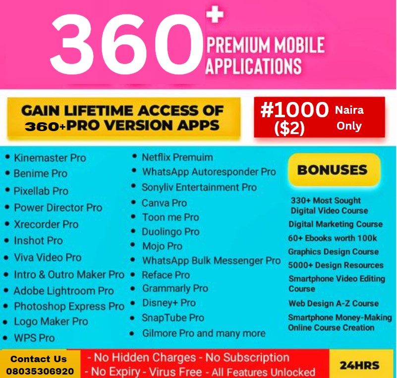 Buy 360+ PREMIUM APPS FOR FREE by Digital Income Store on Selar