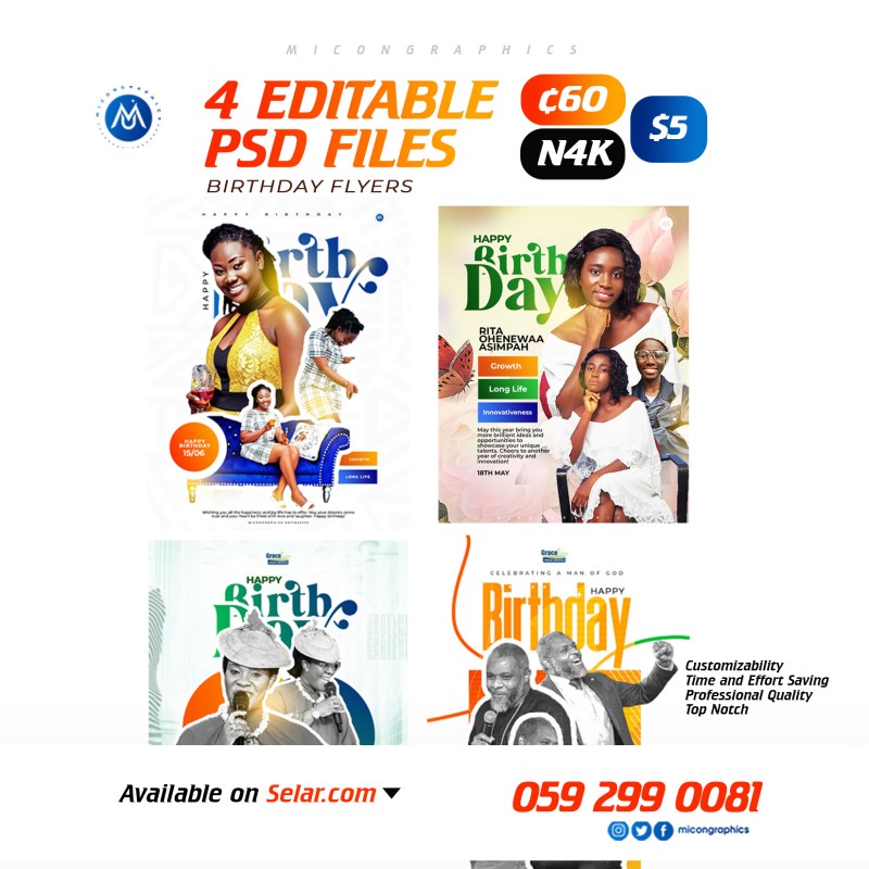Buy 4 EDITABLE BIRTHDAY FLYERS by Micon Graphics on Selar
