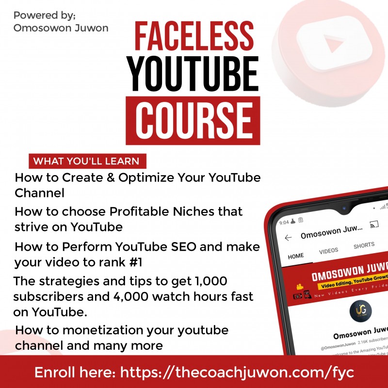 Buy Faceless YouTube Channel Course by Omosowon Juwon on Selar