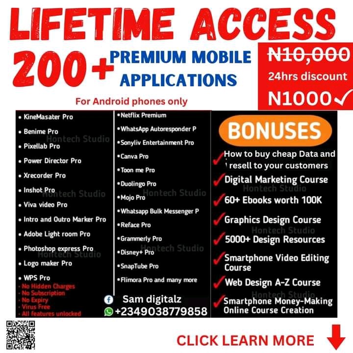 Buy LIFE TIME ACCESS 200+ PREMIUM MOBILE APPS by AA Digitalz on Selar