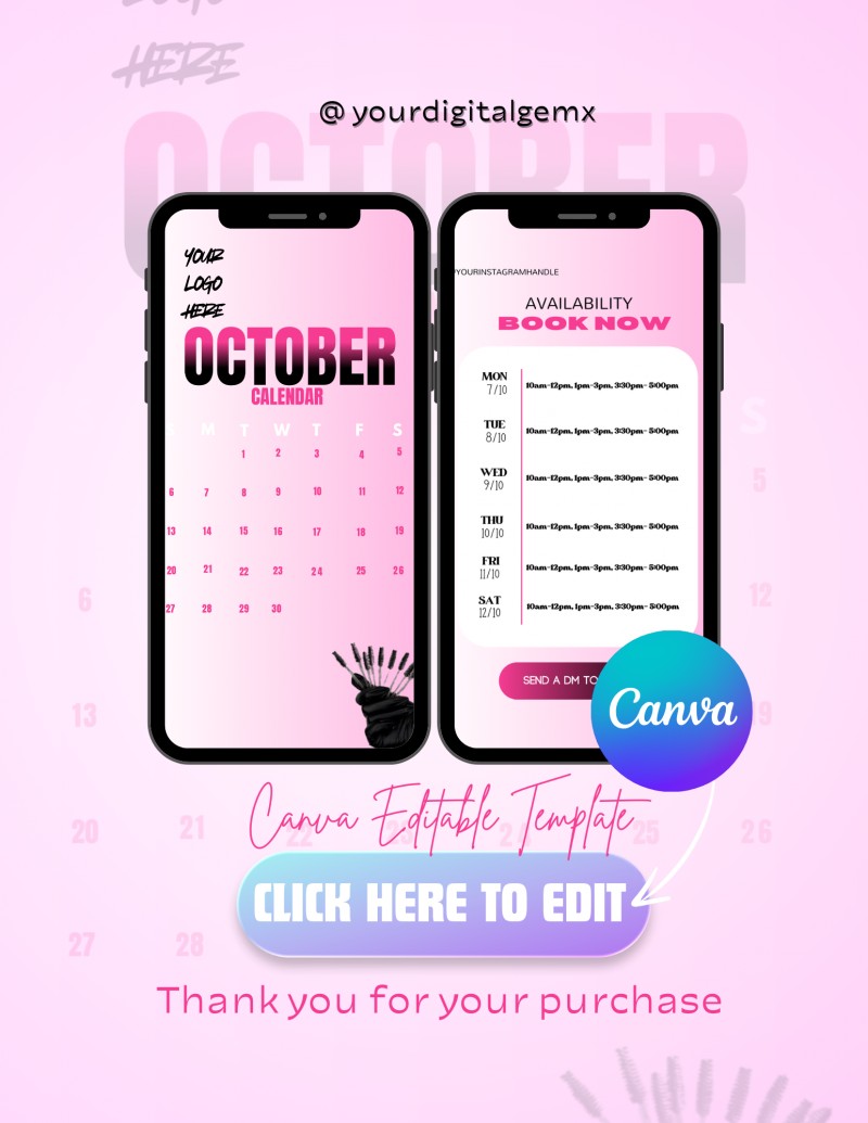 Buy October Availability Calendar (LASH TECH) by YourDigitalGems on Selar