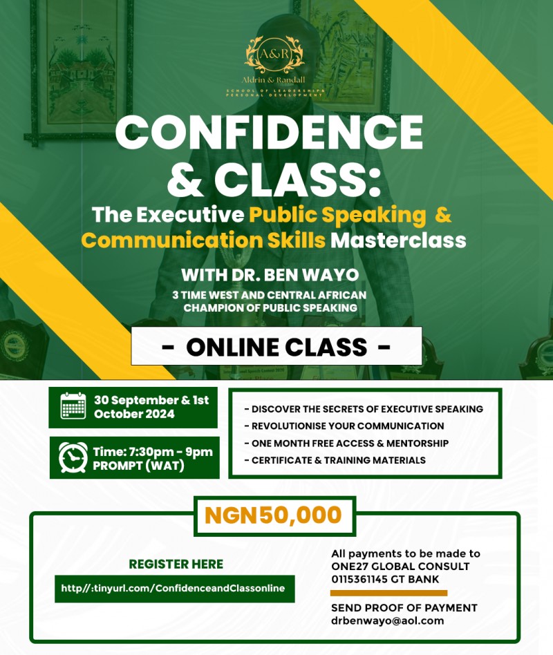 Buy CONFIDENCE & CLASS ONLINE MASTERCLASS by Benjamin Wayo on Selar