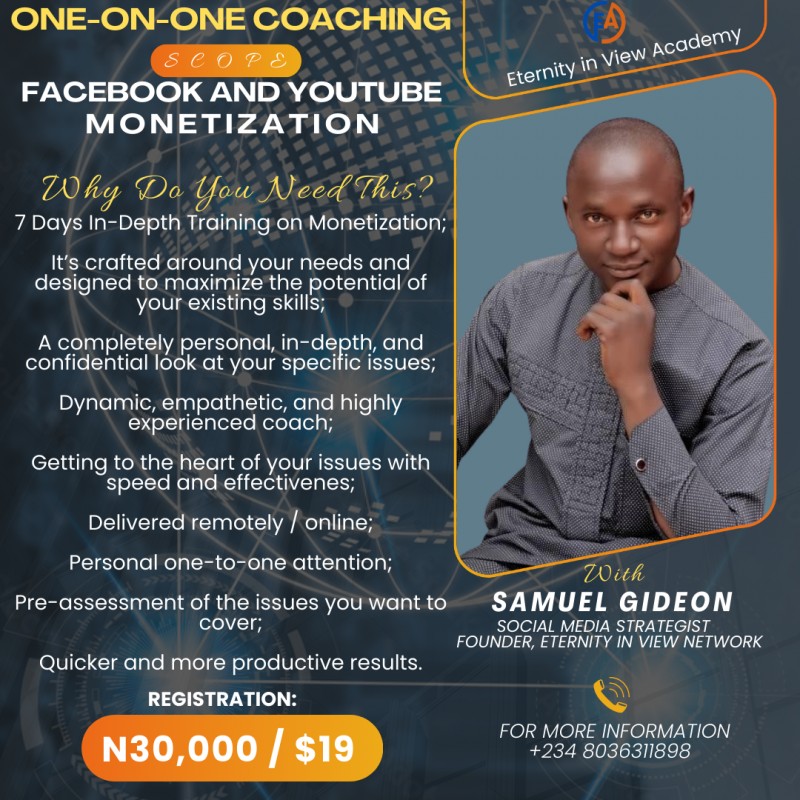 Buy ONE - ON - ONE COACHING ON MONETIZATION WITH SAMUEL GIDEON by Samuel Gideon Stephen on Selar