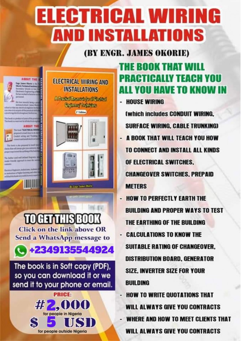 Buy ELECTRICAL WIRING AND INSTALLATIONS. ( PDF BOOK ) by JAMES OKORIE TECHNICAL INSTITUTE on Selar