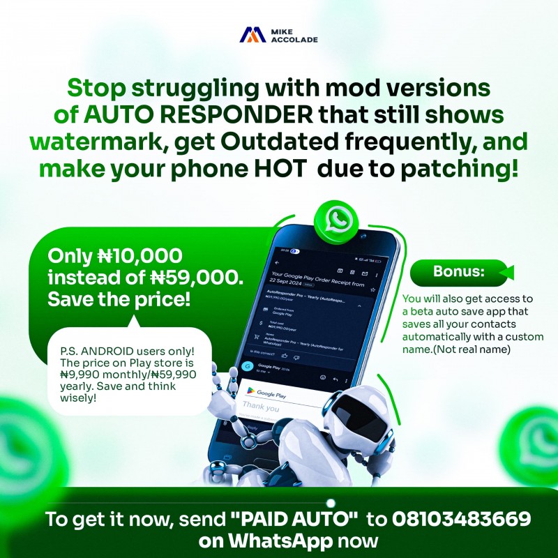 Buy Whatsapp Auto RESPONDER premium PAID login by Adejugbe Michael on Selar