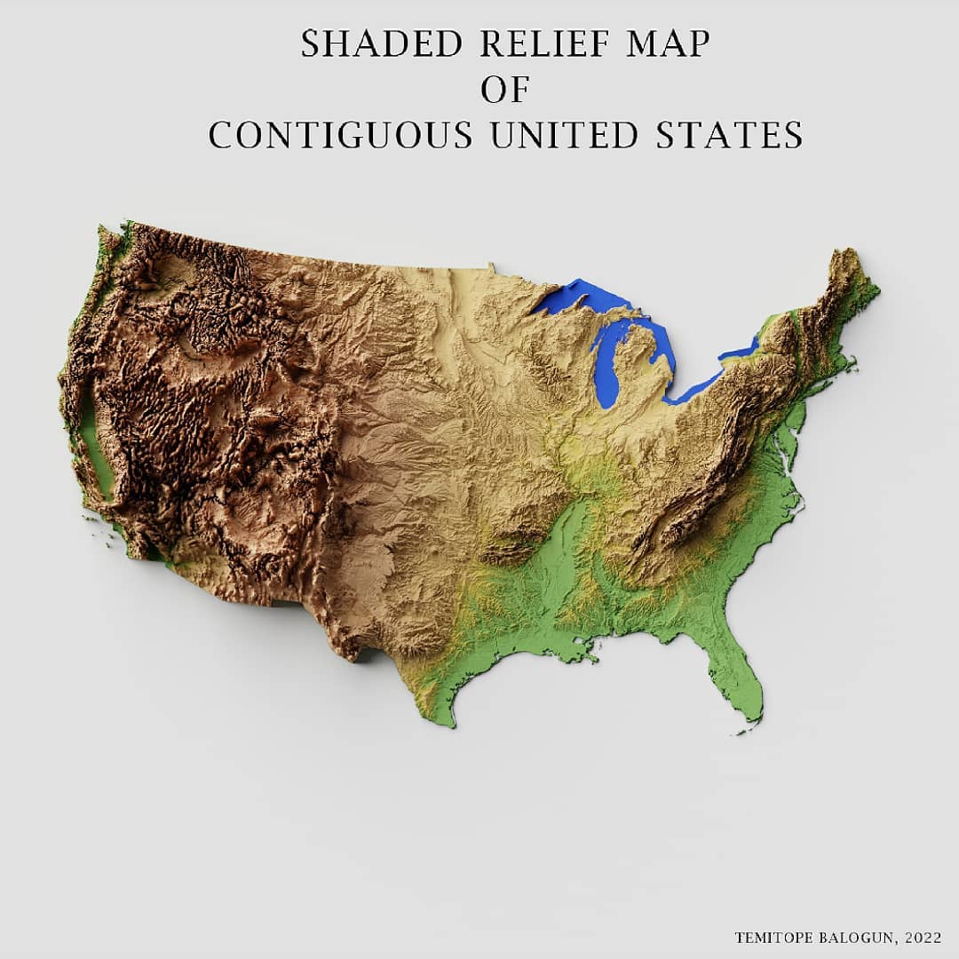 Buy Shaded Relief Map Of Contiguous United States by Balogun Temitope ...