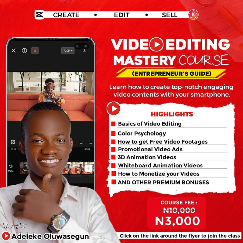 Buy Video Editing Mastery Course (Entrepreneur's Guide) by Adeleke Oluwasegun Adekunle on Selar