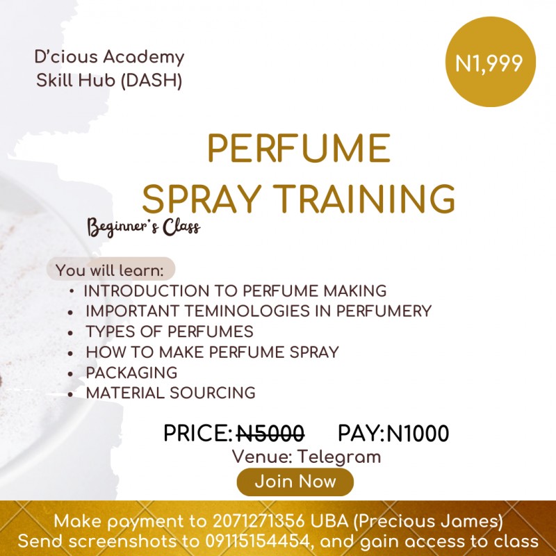 Buy Perfume spray training (Beginner's class) by Precious James on Selar.co