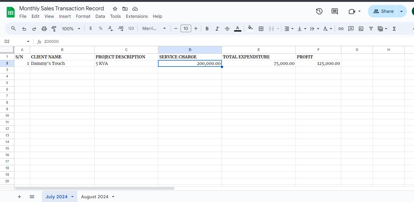 Buy Monthly Sales Transaction Record by Chidinma Ejiofor on Selar