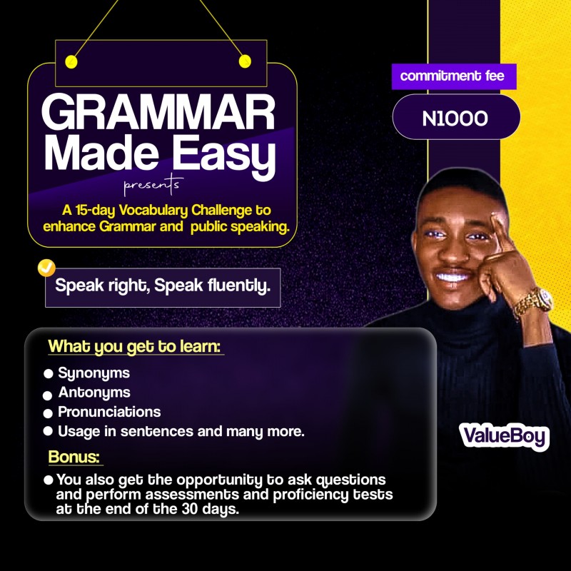 Subscribe GRAMMAR MADE EASY vocabulary challenge by David ijiga on Selar