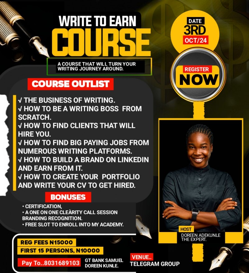 Buy WRITE TO EARN COURSE by Doreen Adekunle on Selar