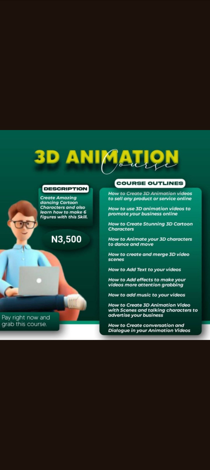 Buy 3D ANIMATION COURSE by Eromhose success on Selar