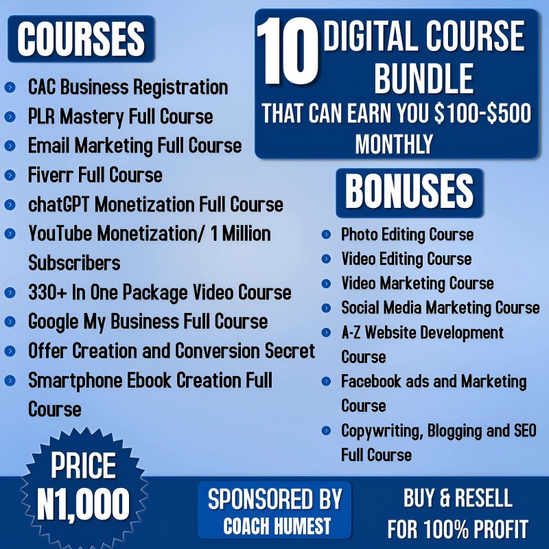 Buy 10 Hot Resellable Digital Course Bundle by Coach Humest Hub on Selar