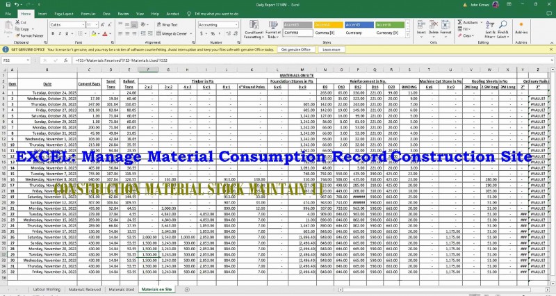 Buy Excel for material Consumption on site by Geoffrey Kima210 on Selar