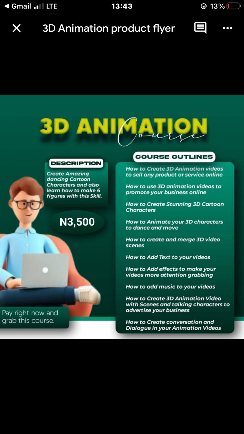 Buy 3D ANIMATION COURSE by Kehinde kemi oluwanifemi on Selar