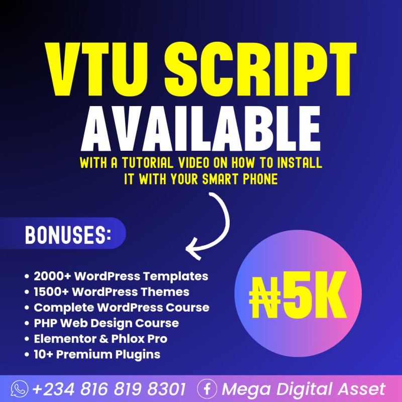 Buy VTU website Script Package by Mega Digital Assets on Selar