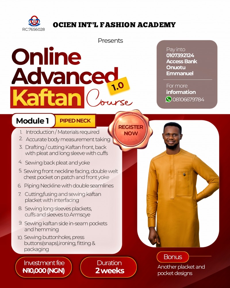 Buy ADVANCE KAFTAN COURSE (Module 1) by OCIEN FASHION ACADEMY on Selar