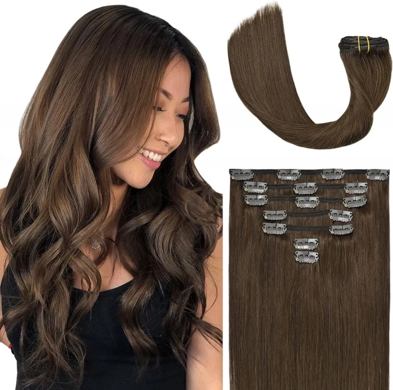 Buy VARIO Hair Extensions Clip in Human Hair Medium Brown Clip on Hair ...