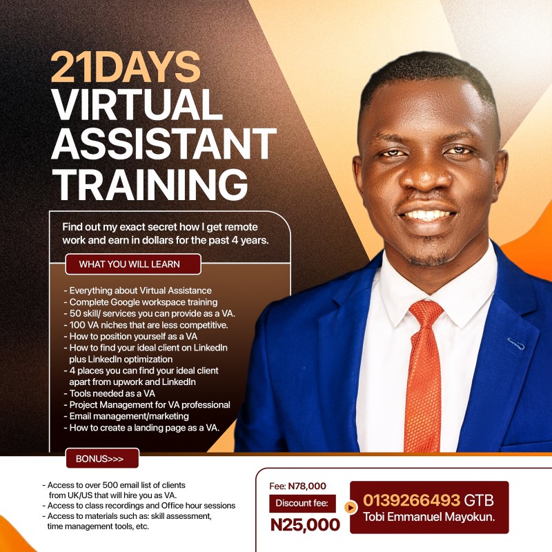 Buy 21 DAYS VIRTUAL ASSISTANCE TRAINING by Tobi Emmanuel Mayokun on Selar