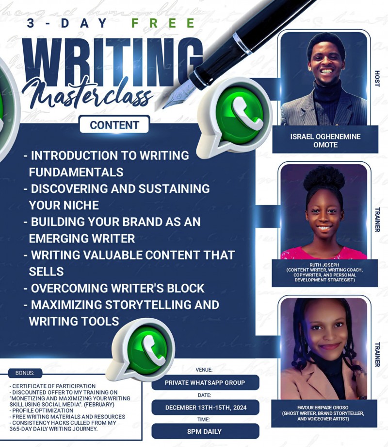 Get 3-Day Writing Masterclass by Israel Oghenemine Omote on Selar