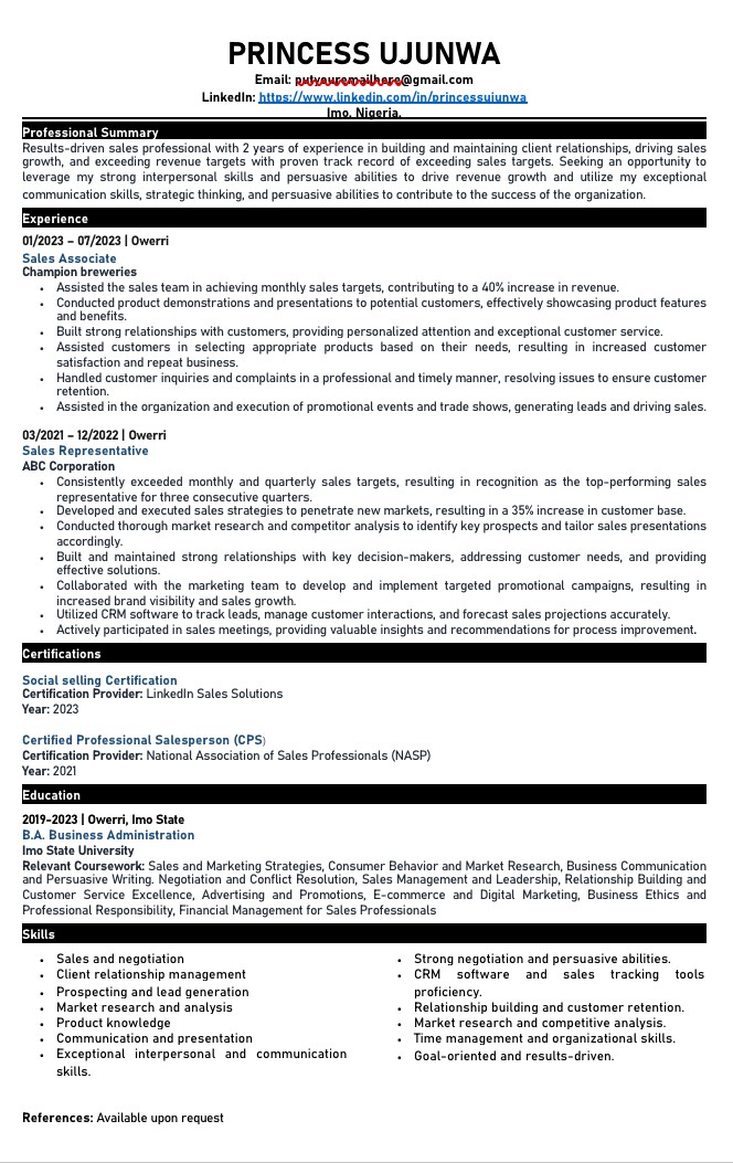 Buy Editable Resume Template - Sales by Ujunwa Princess Onyekaba on Selar