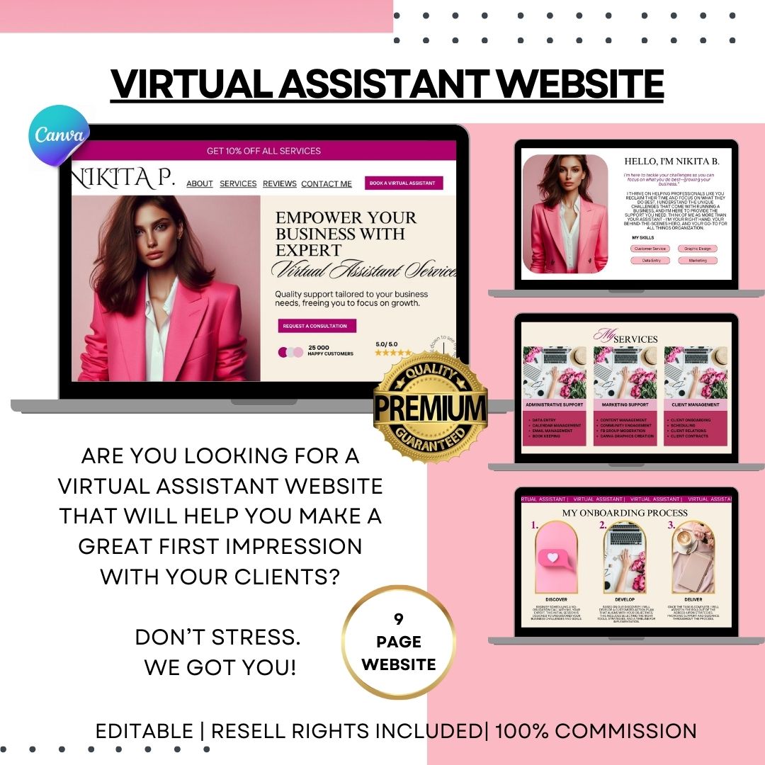 Buy Pink - Virtual Assistant Canva Website Template (PLR) by Earn From ...