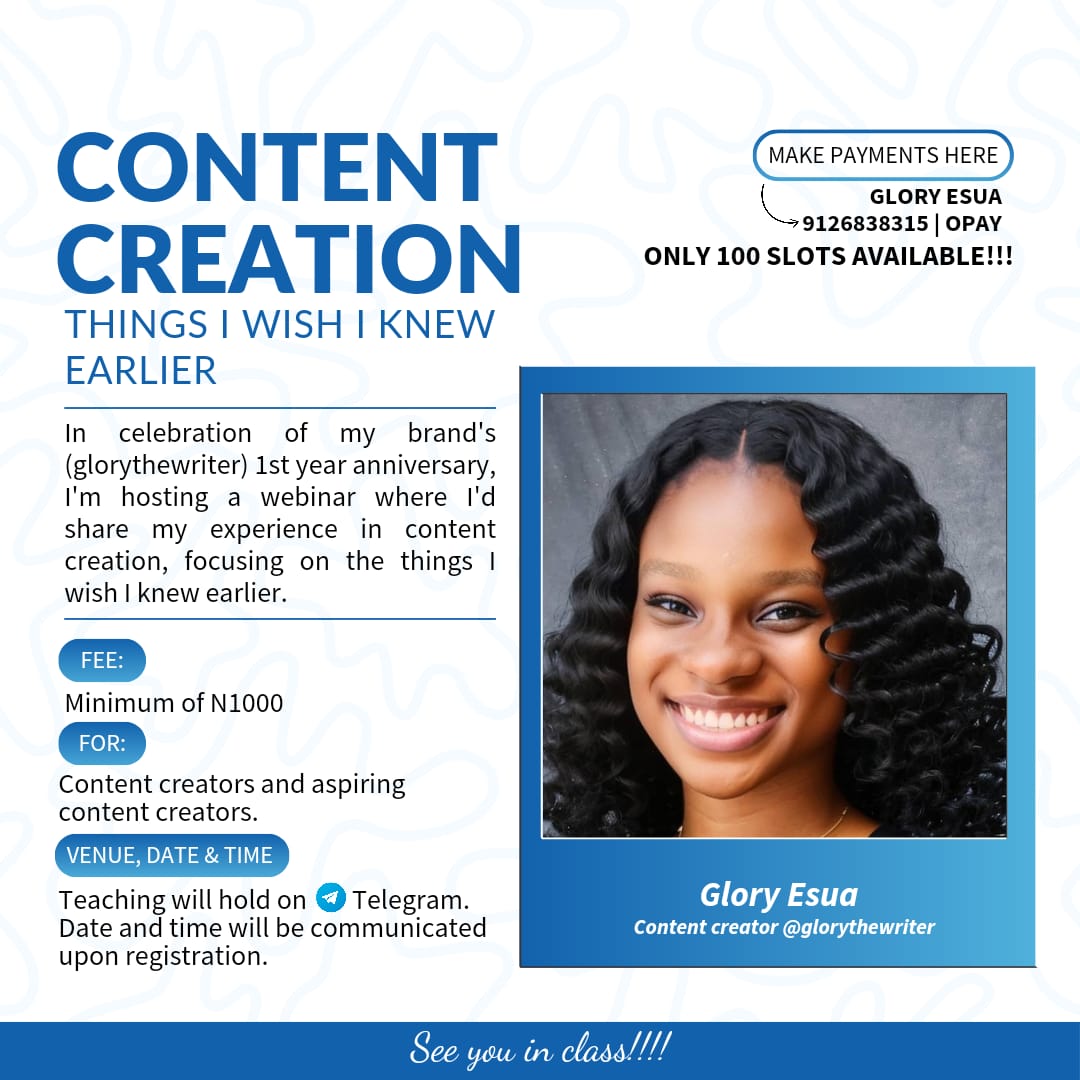 Buy REPLAY of Content Creation Webinar - Things I wish I Knew Earlier by Glory Esua on Selar