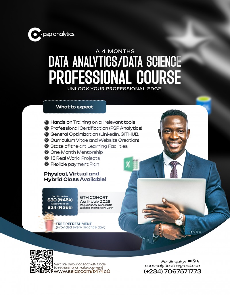 Buy A 4-MONTH DATA ANALYTICS/DATA SCIENCE PROFESSIONAL COURSE (APRIL, 2025-JULY, 2025) by PSP ...