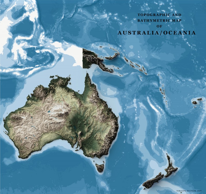 Buy Topographic and Bathymetric Map of Australia/Oceania by Balogun ...