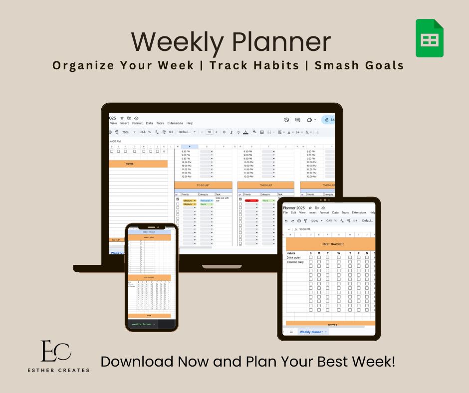 Get Weekly Planner | Google Sheets Template by Esther Creates on Selar