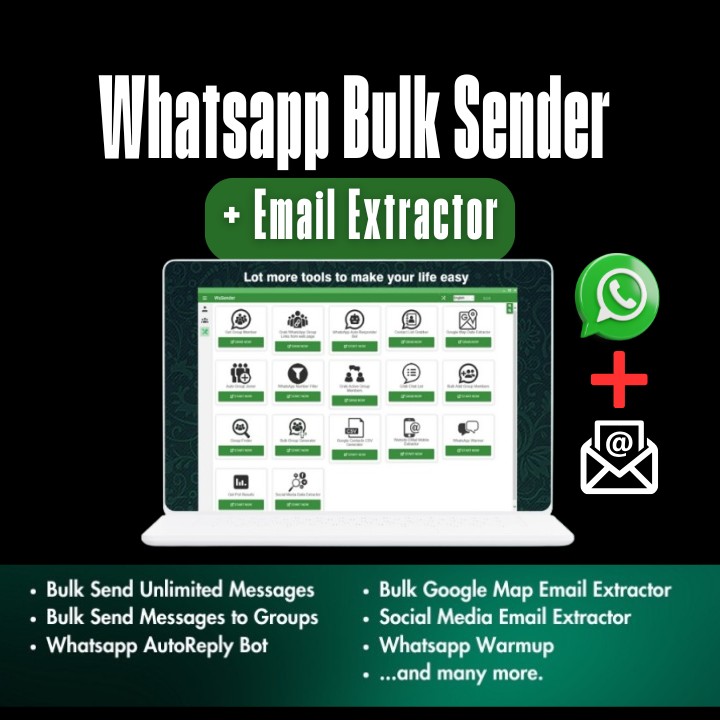Buy Whatsapp Bulk Sender + Group Sendr + EMail Extractor + Whatsapp Auto Reply Bot by Skytop ...