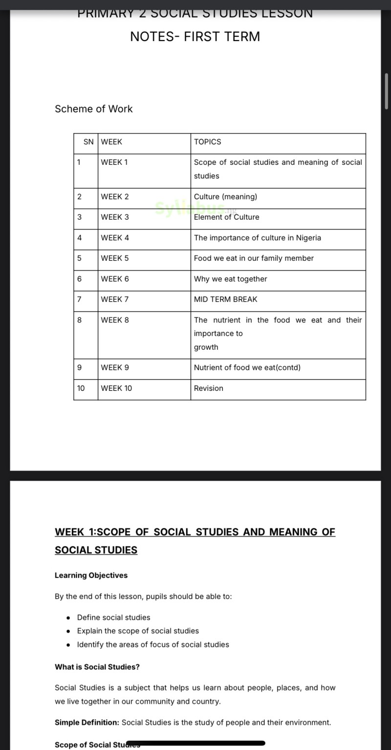 Buy PRIMARY 2 SOCIAL STUDIES LESSON NOTE by Syllabus NG on Selar