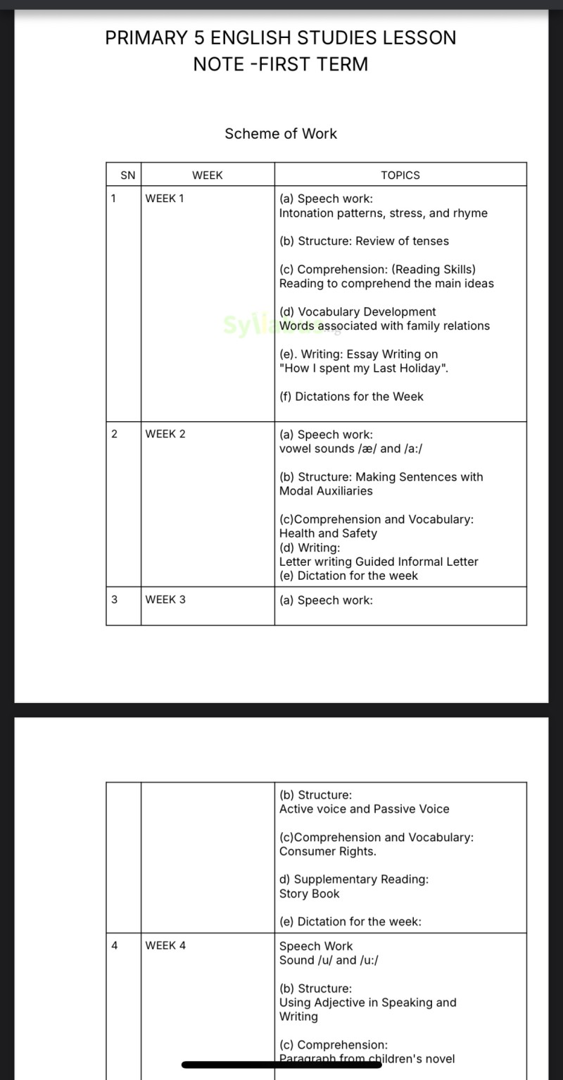 Buy PRIMARY 5 ENGLISH LESSON NOTE by Syllabus NG on Selar